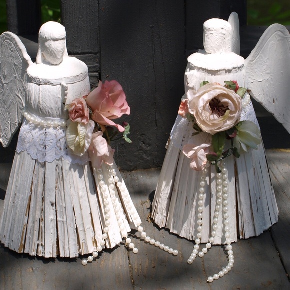 Hand Crafted | Accents | Set Of 2 Shabby Chic Angels Hand Painted Hand ...
